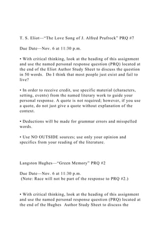 T. S. Eliot—The Love Song of J. Alfred Prufrock” PRQ #7Due .docx