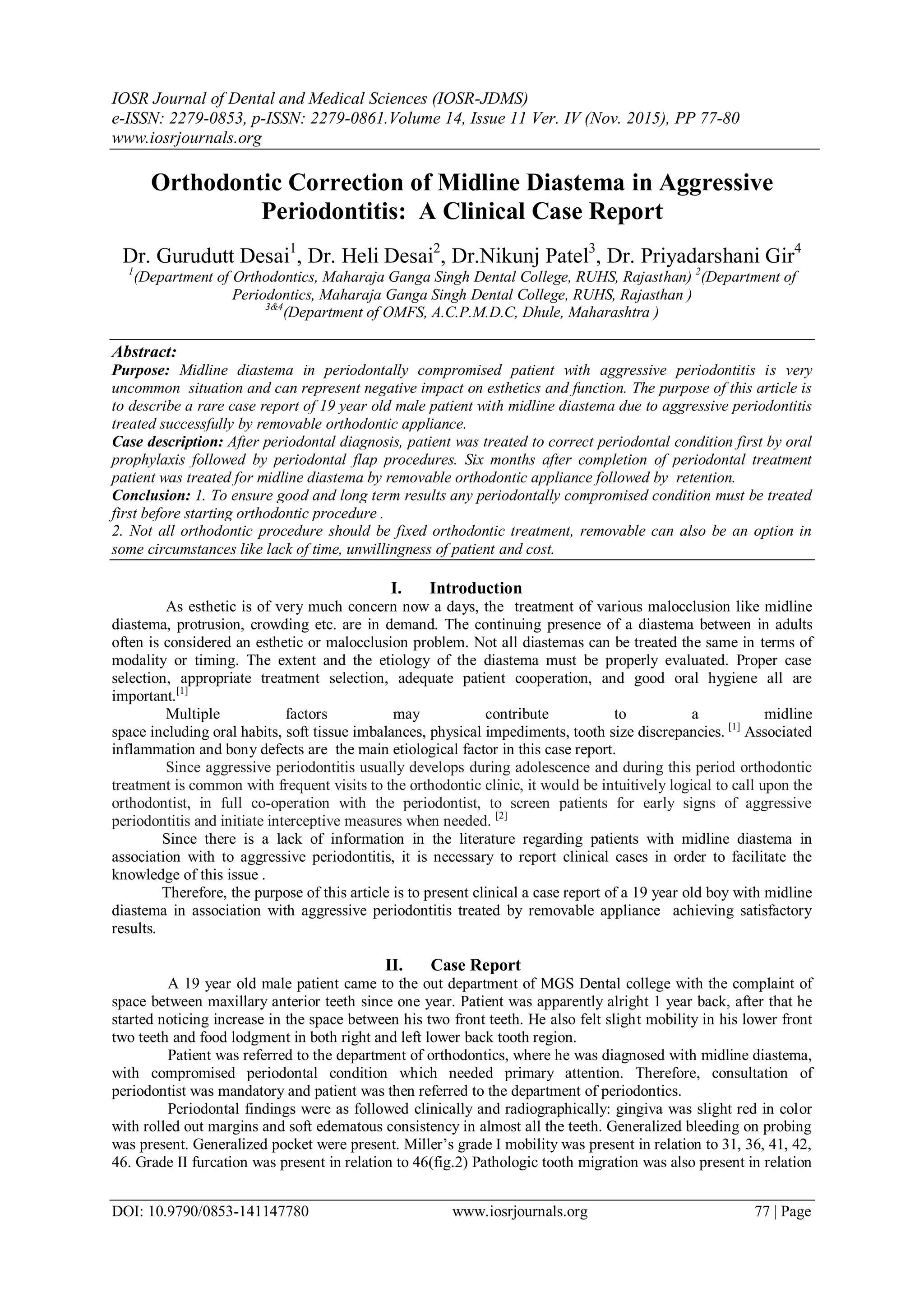 Orthodontic Correction of Midline Diastema in Aggressive Periodontitis ...