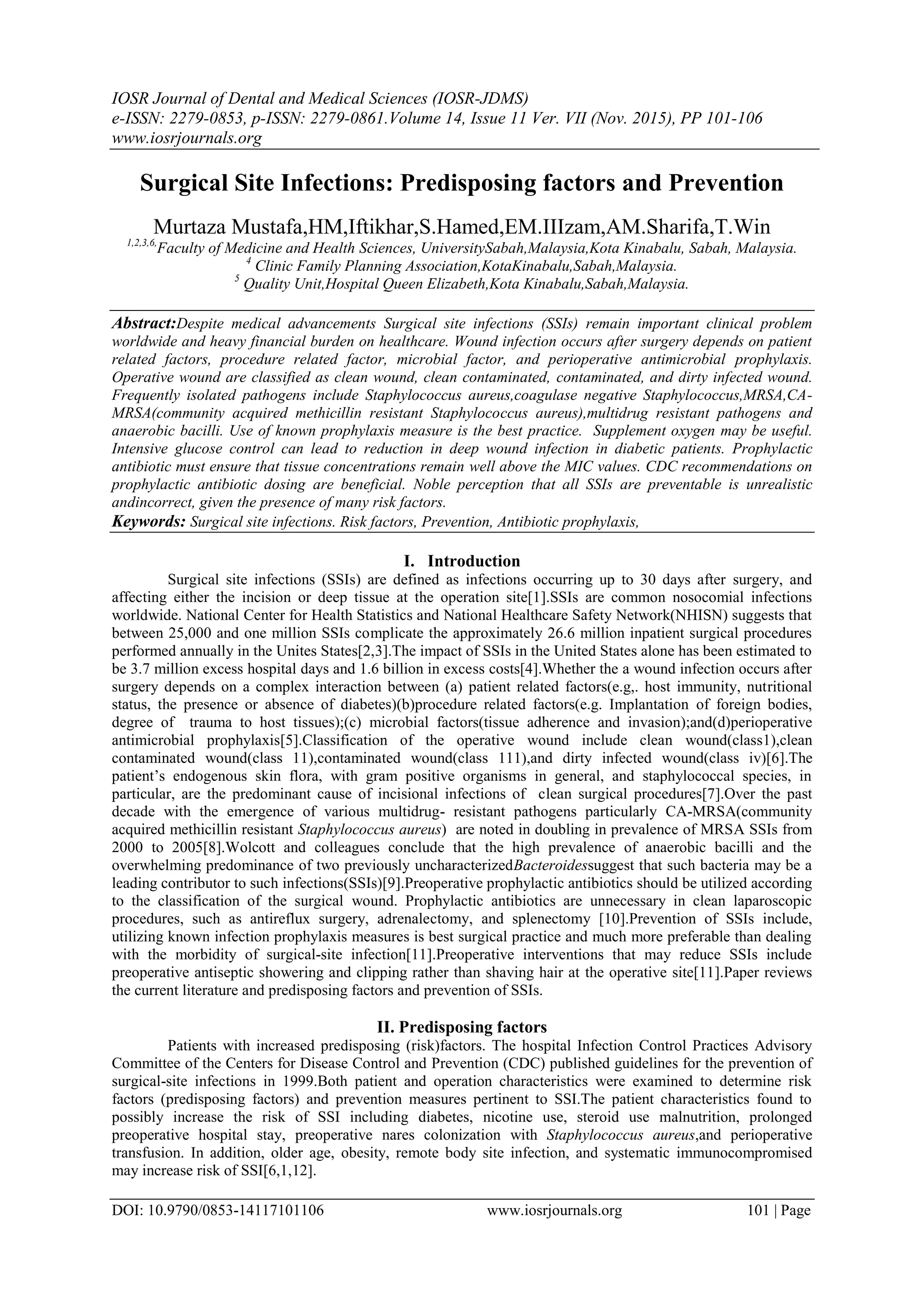 Surgical Site Infections: Predisposing factors and Prevention | PDF