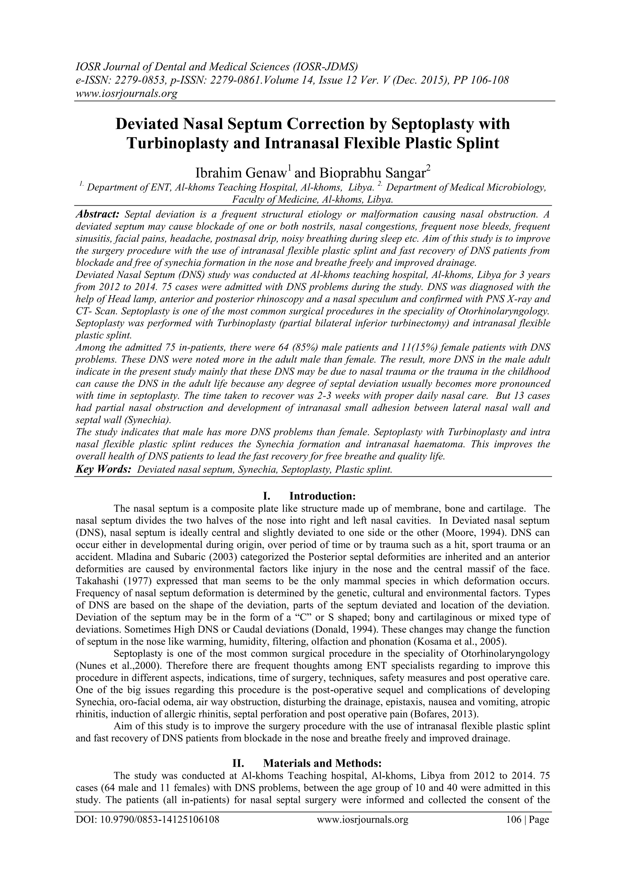 Deviated Nasal Septum Correction by Septoplasty with Turbinoplasty and ...