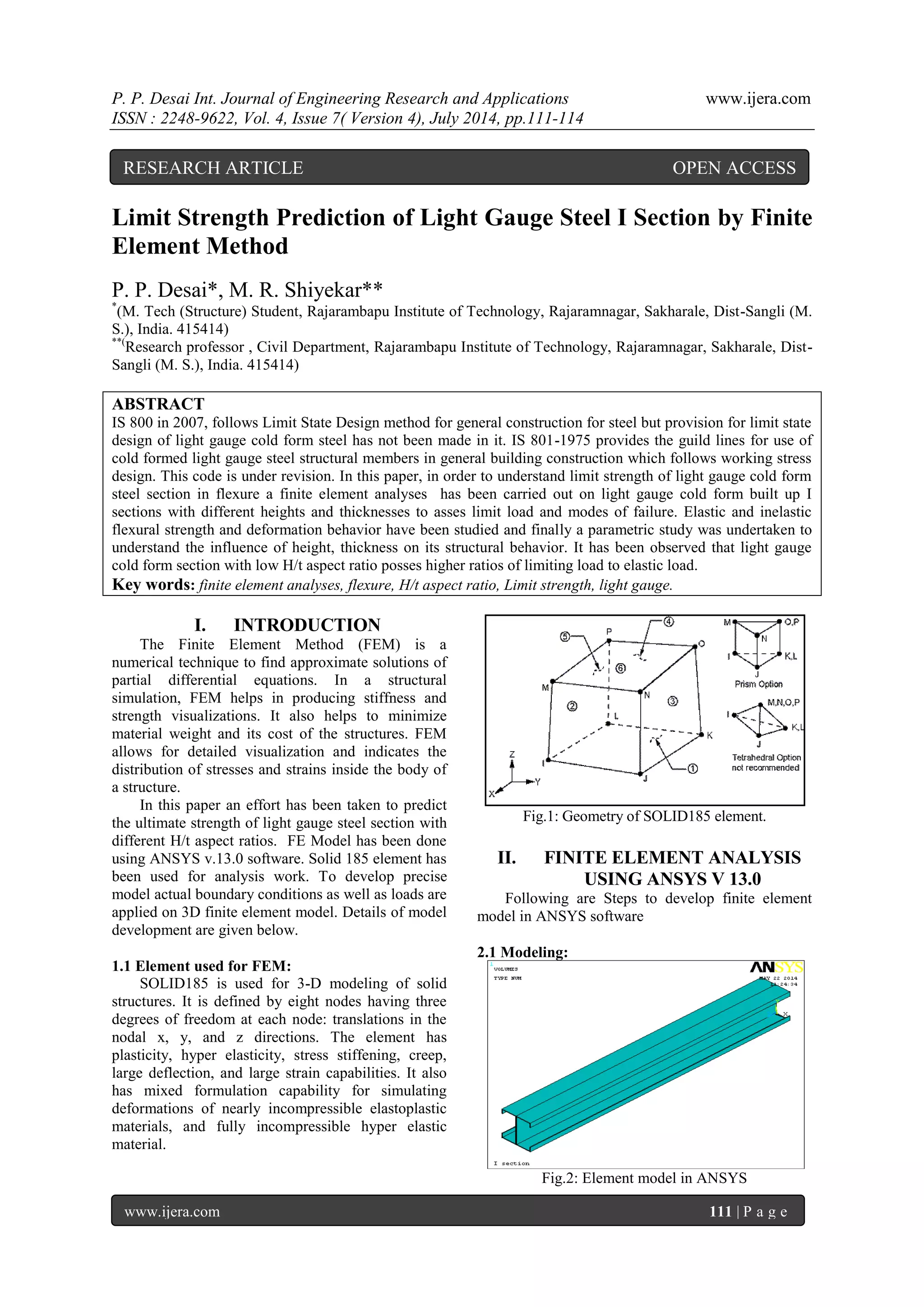 Limit Strength Prediction of Light Gauge Steel I Section by Finite Element Method | PDF