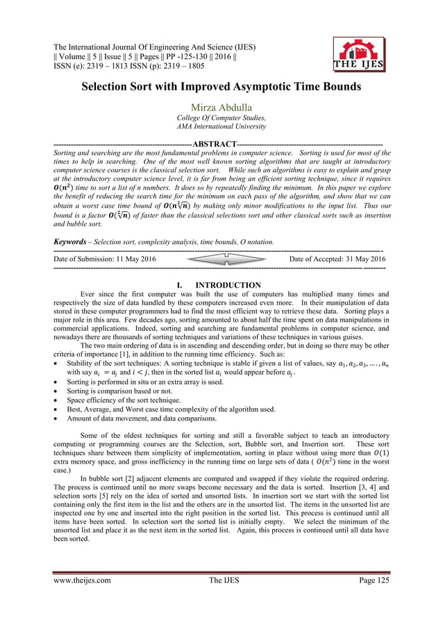 Selection Sort with Improved Asymptotic Time Bounds | PDF