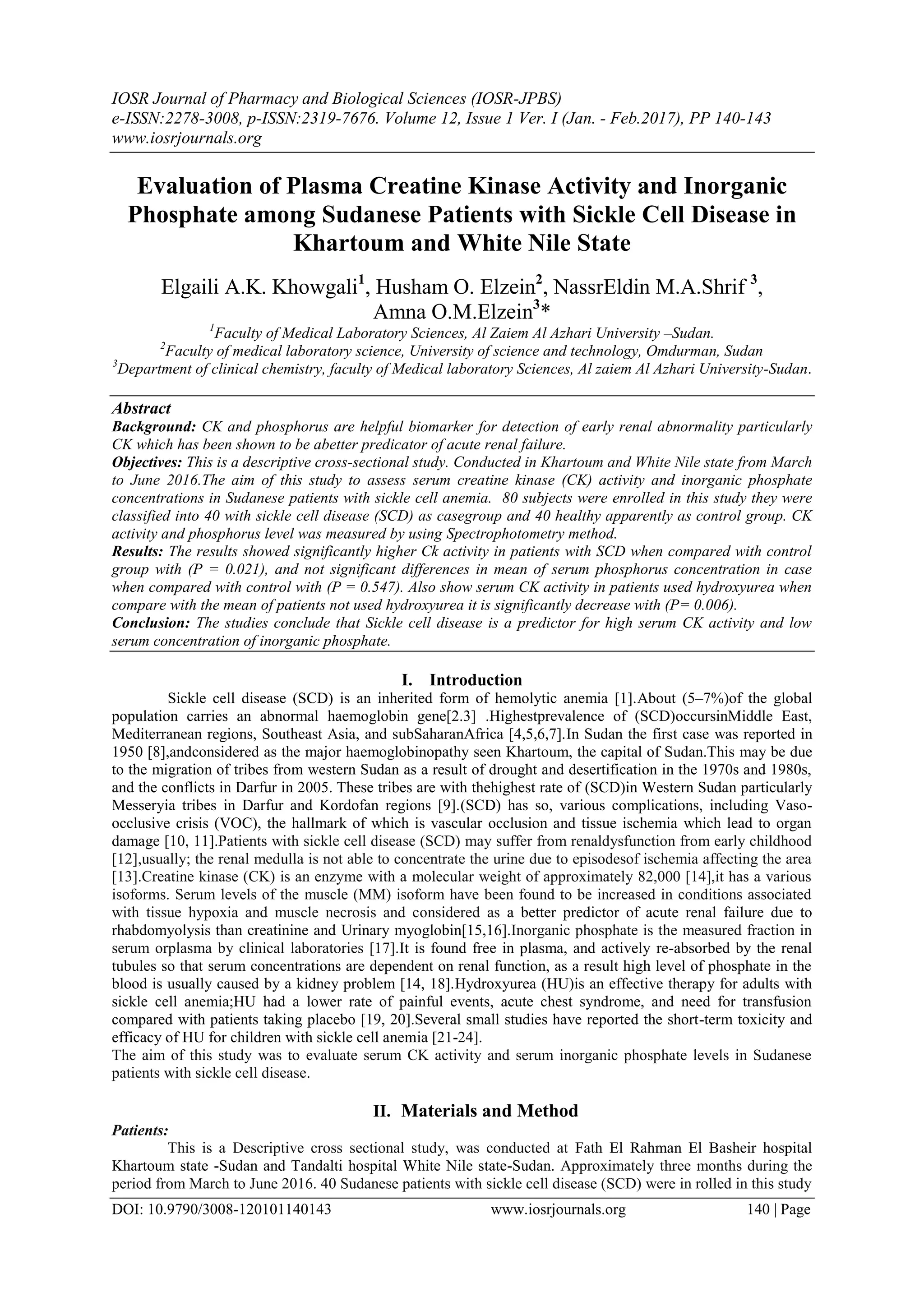Evaluation of Plasma Creatine Kinase Activity and Inorganic Phosphate among Sudanese Patients ...