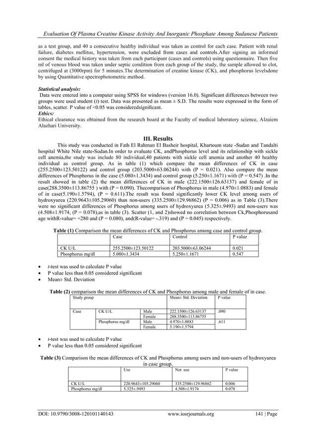 Evaluation of Plasma Creatine Kinase Activity and Inorganic Phosphate among Sudanese Patients ...