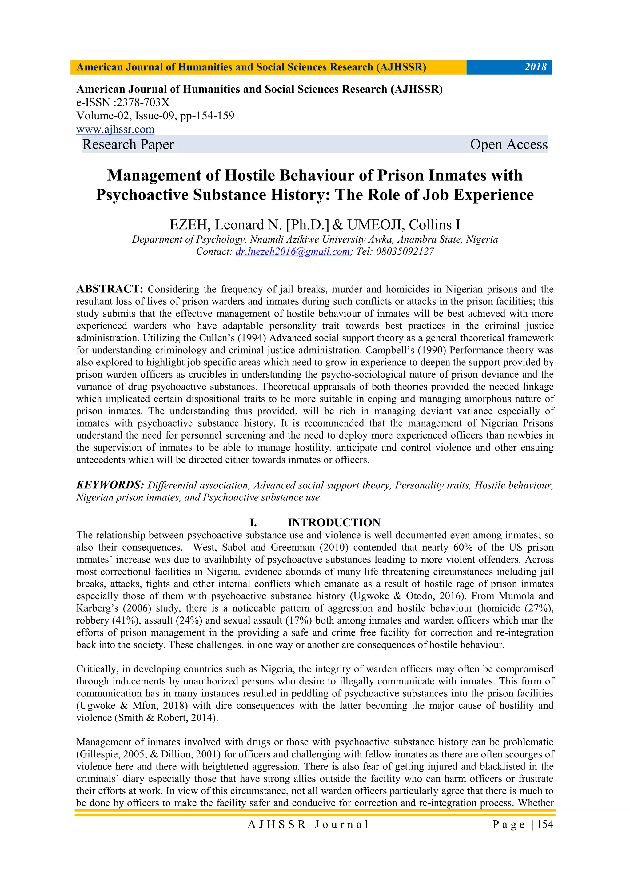 Management of Hostile Behaviour of Prison Inmates with Psychoactive ...