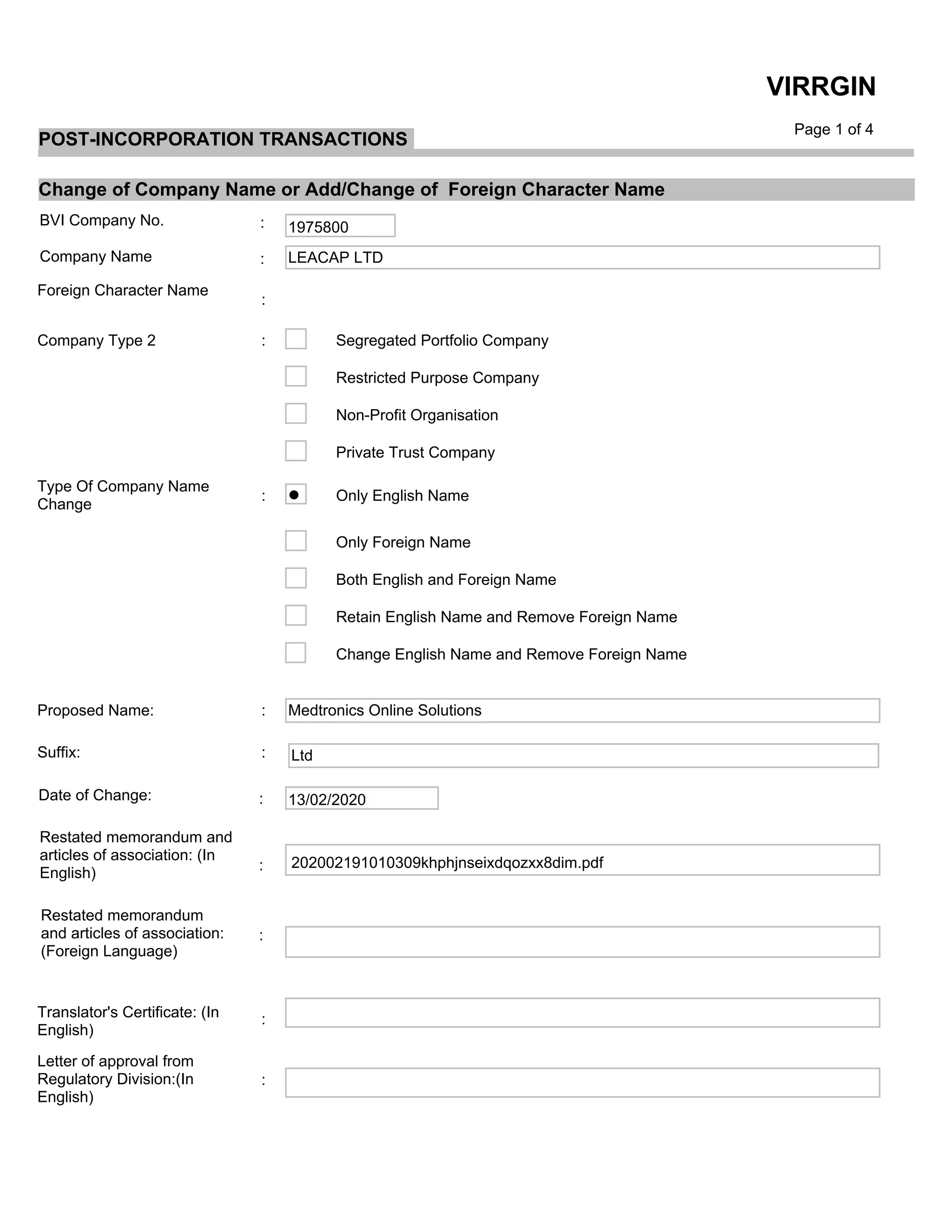 Medtronics / LEACAP BVI Name Change Form | PDF