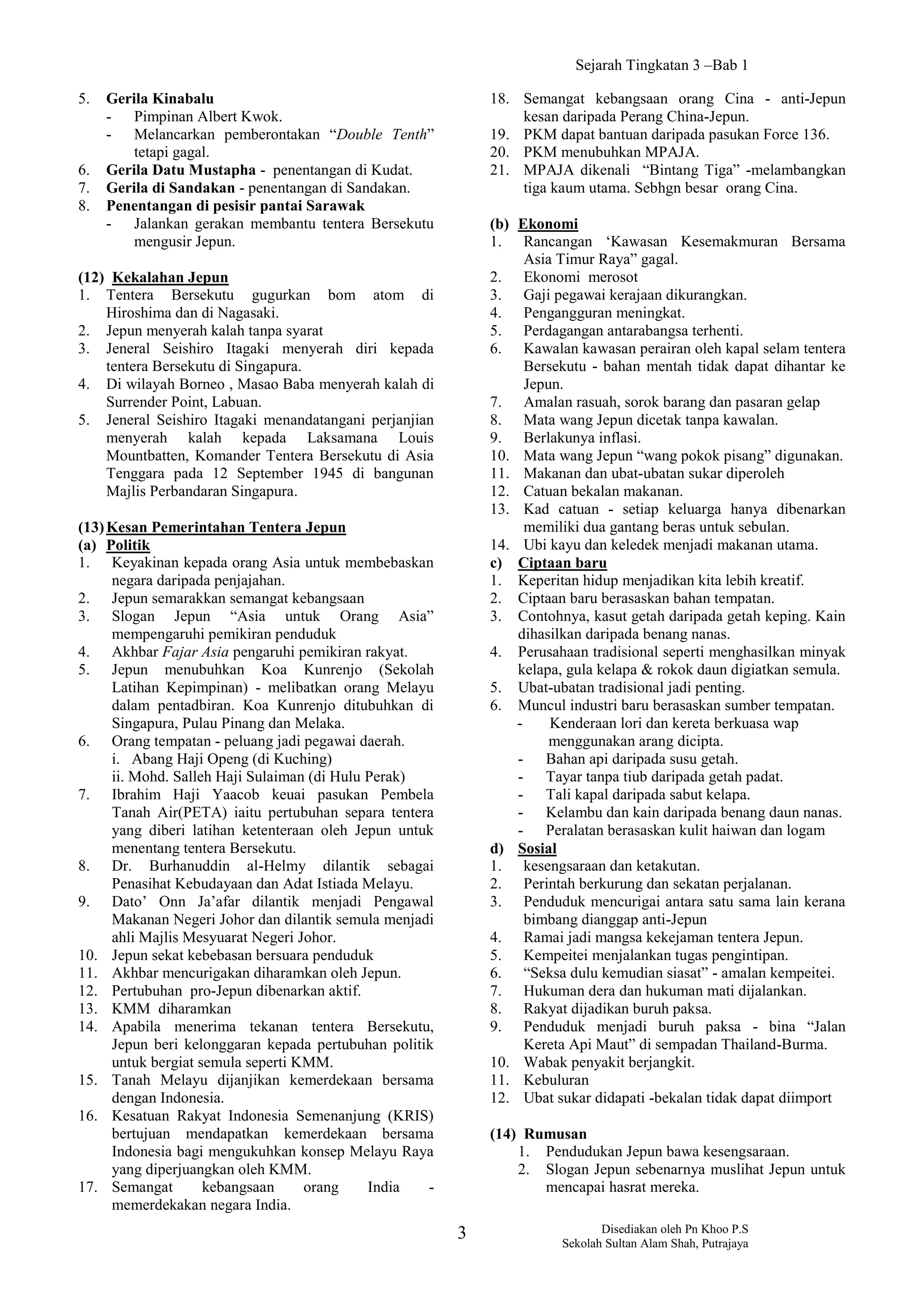 Nota sejarah tingkatan 3 (ringkas) BAB 1 | DOC