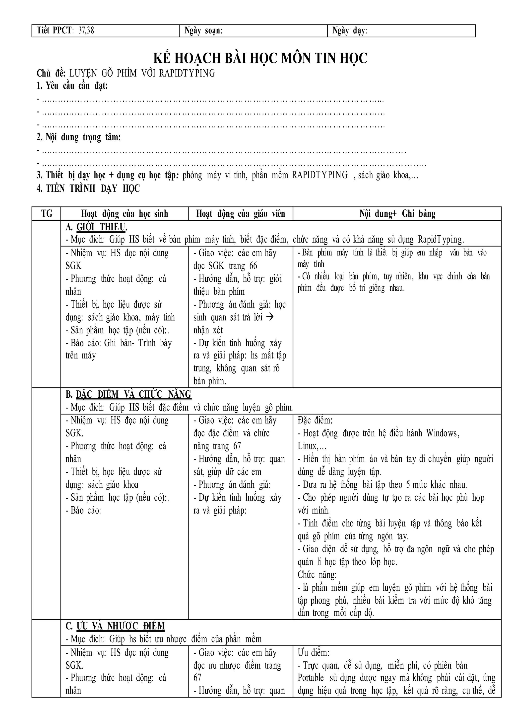 KẾ HOẠCH BÀI HỌC THEO CHỦ ĐỀ TIN 6 | CHỦ ĐỀ : LUYỆN GÕ PHÍM VỚI RAPIDTYPING | PDF