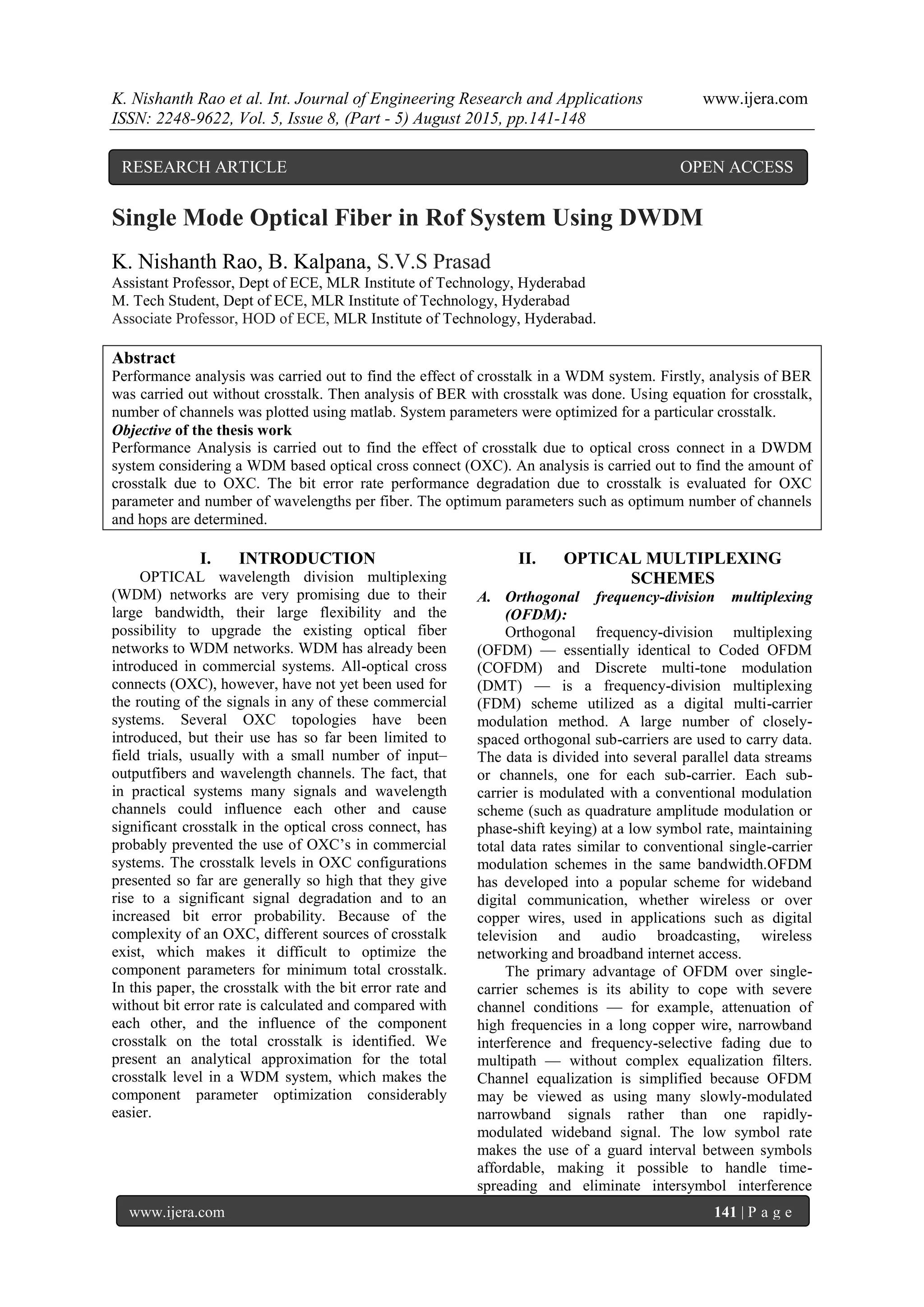 Single Mode Optical Fiber in Rof System Using DWDM | PDF