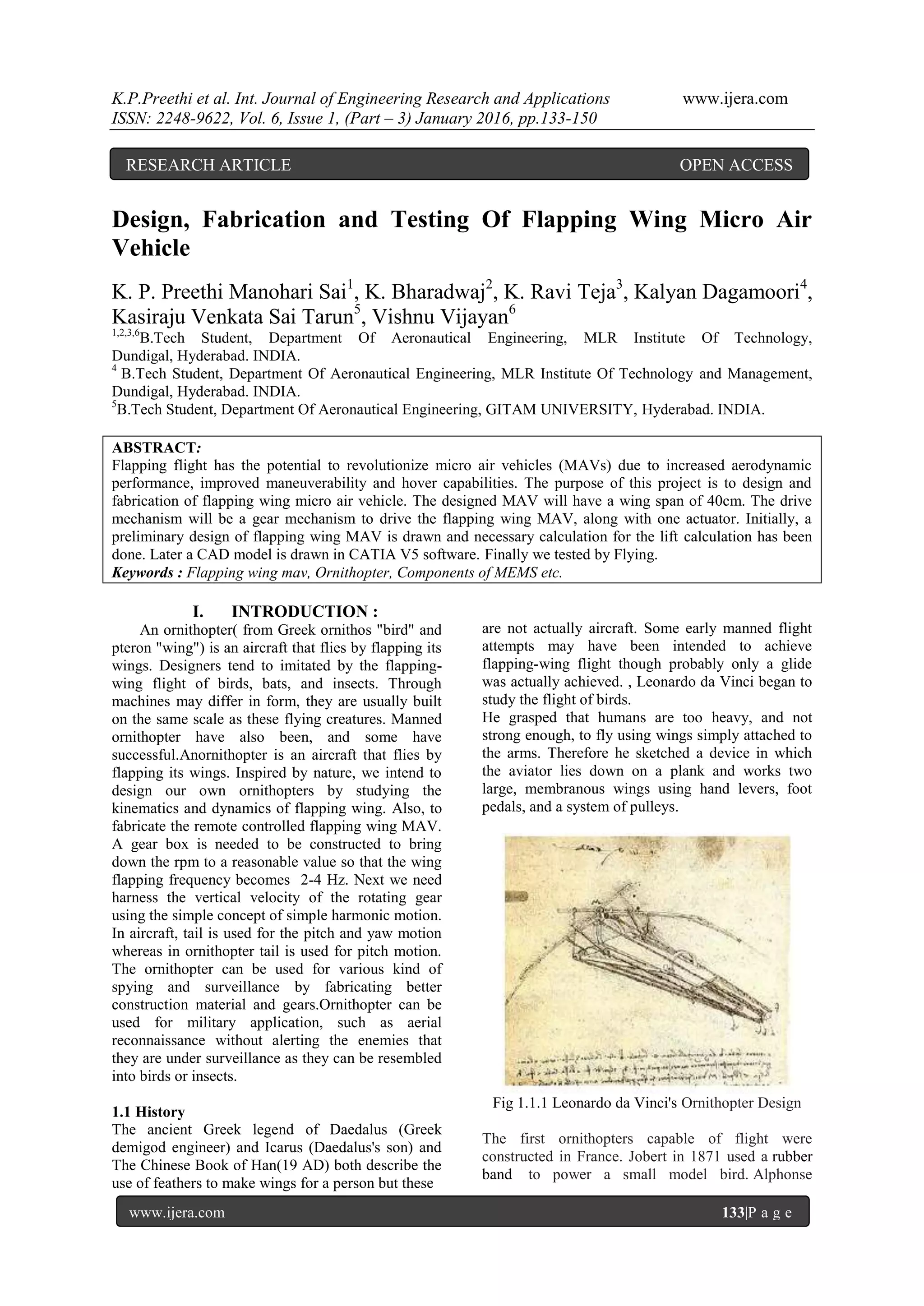 Design, Fabrication and Testing Of Flapping Wing Micro Air Vehicle | PDF