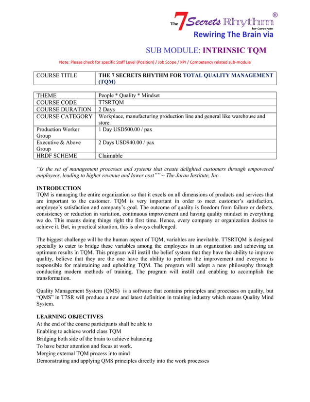 T7SR TOTAL QUALITY MANAGEMENT COURSE OUTLINE | PDF