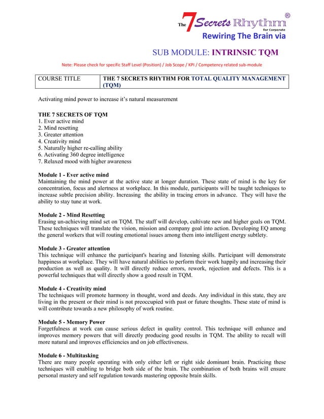 T7SR TOTAL QUALITY MANAGEMENT COURSE OUTLINE | PDF