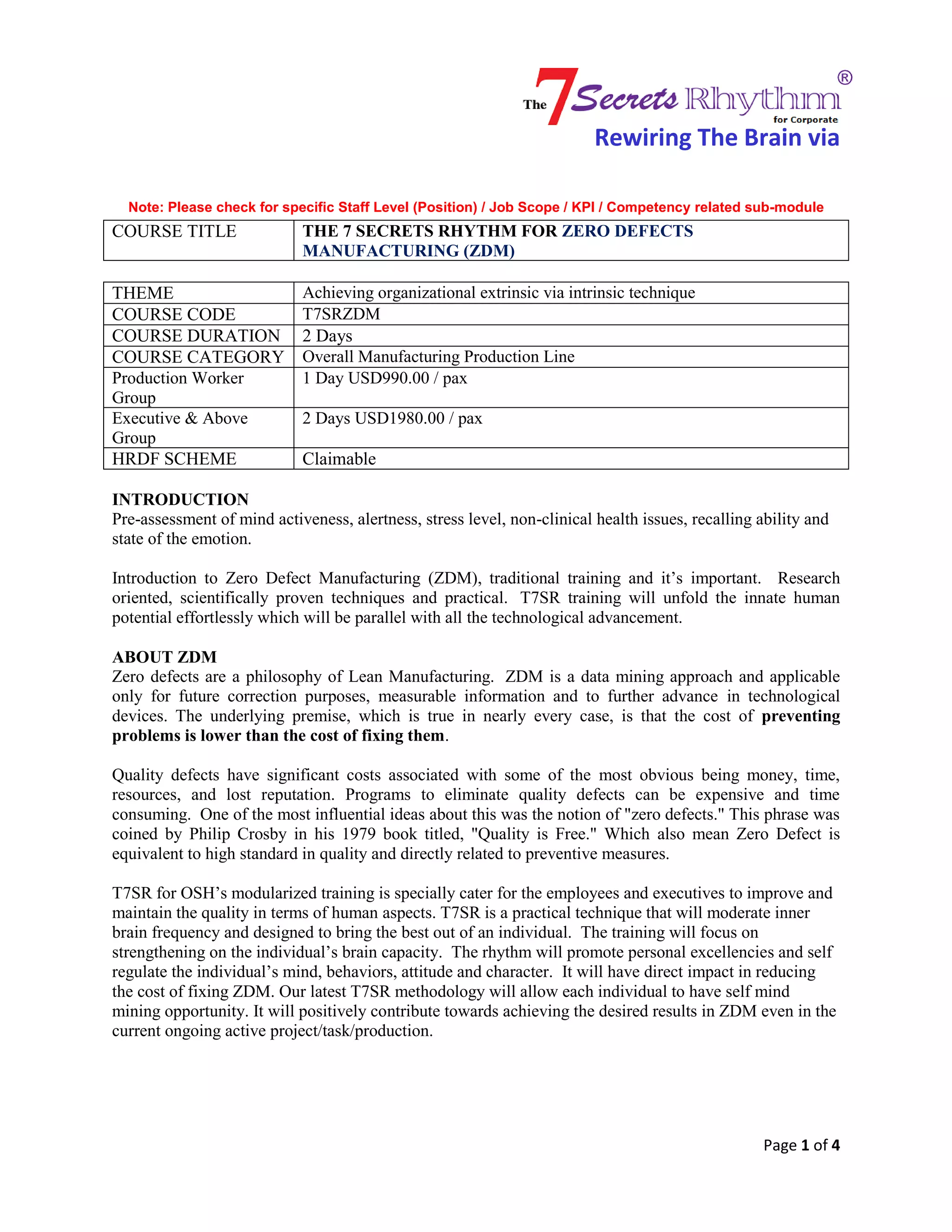 T7sr Zero Defect Manufacturing Course Outline Pdf