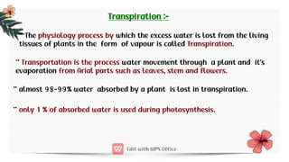 transpiration_:- stomatal transpiration and opening and closing ...