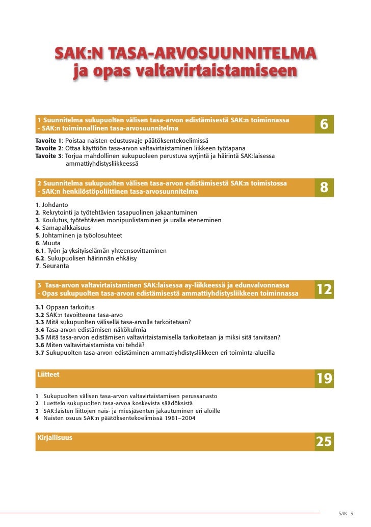 SAK:n tasa-arvosuunnitelma ja opas valtavirtaistamiseen
