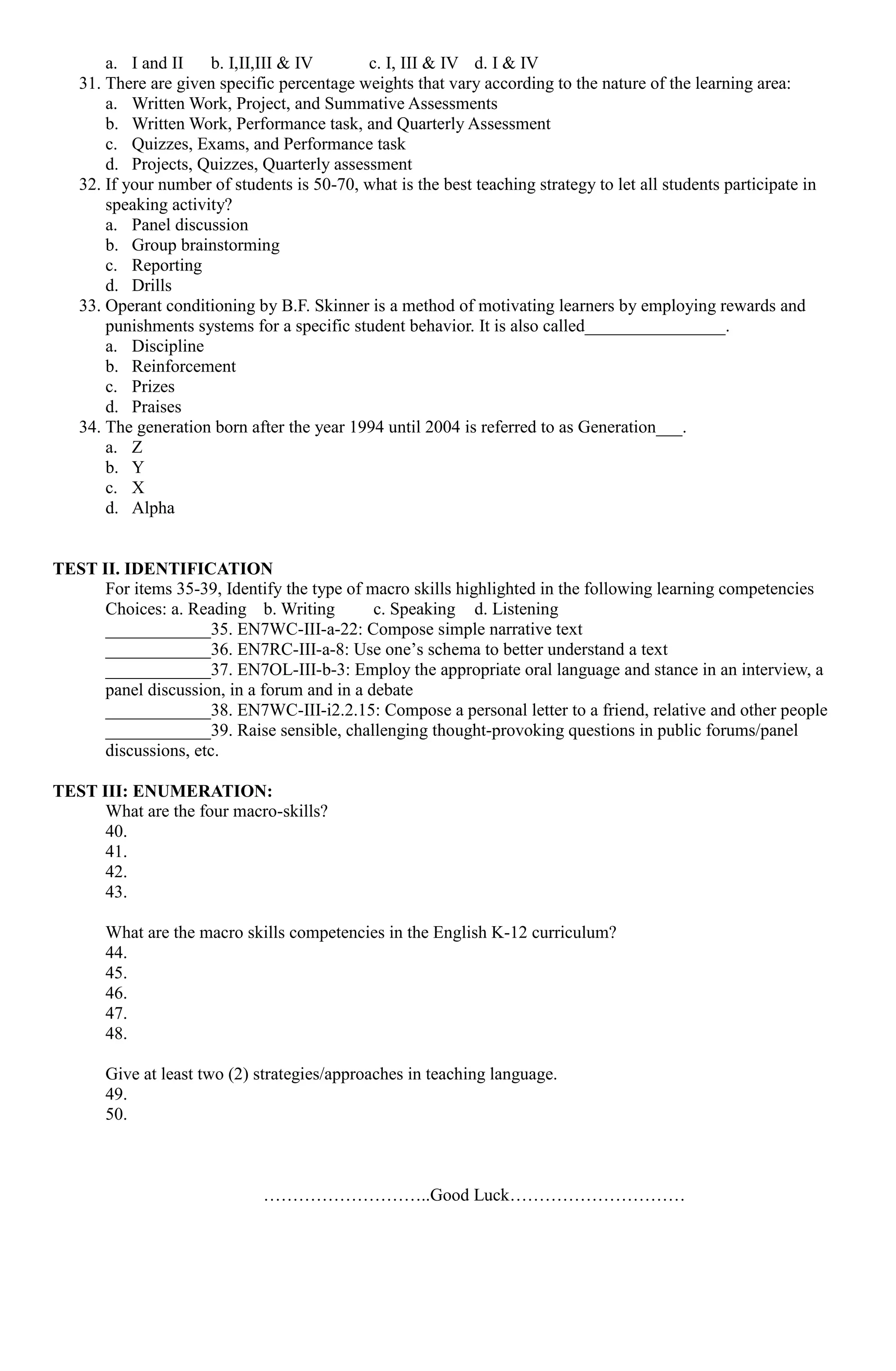 Tabaco College Preliminary Examination docs | DOCX