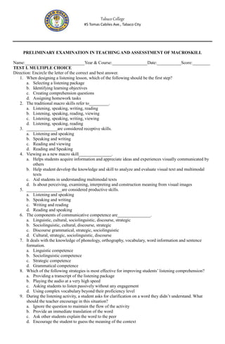 Tabaco College Preliminary Examination docs | DOCX