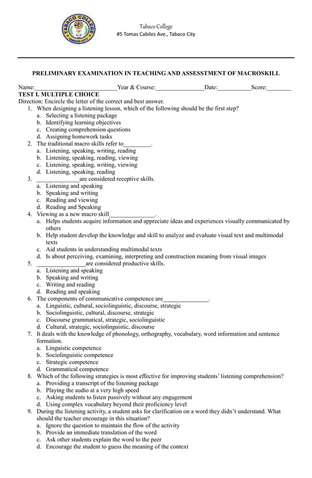 Tabaco College Preliminary Examination docs | PDF