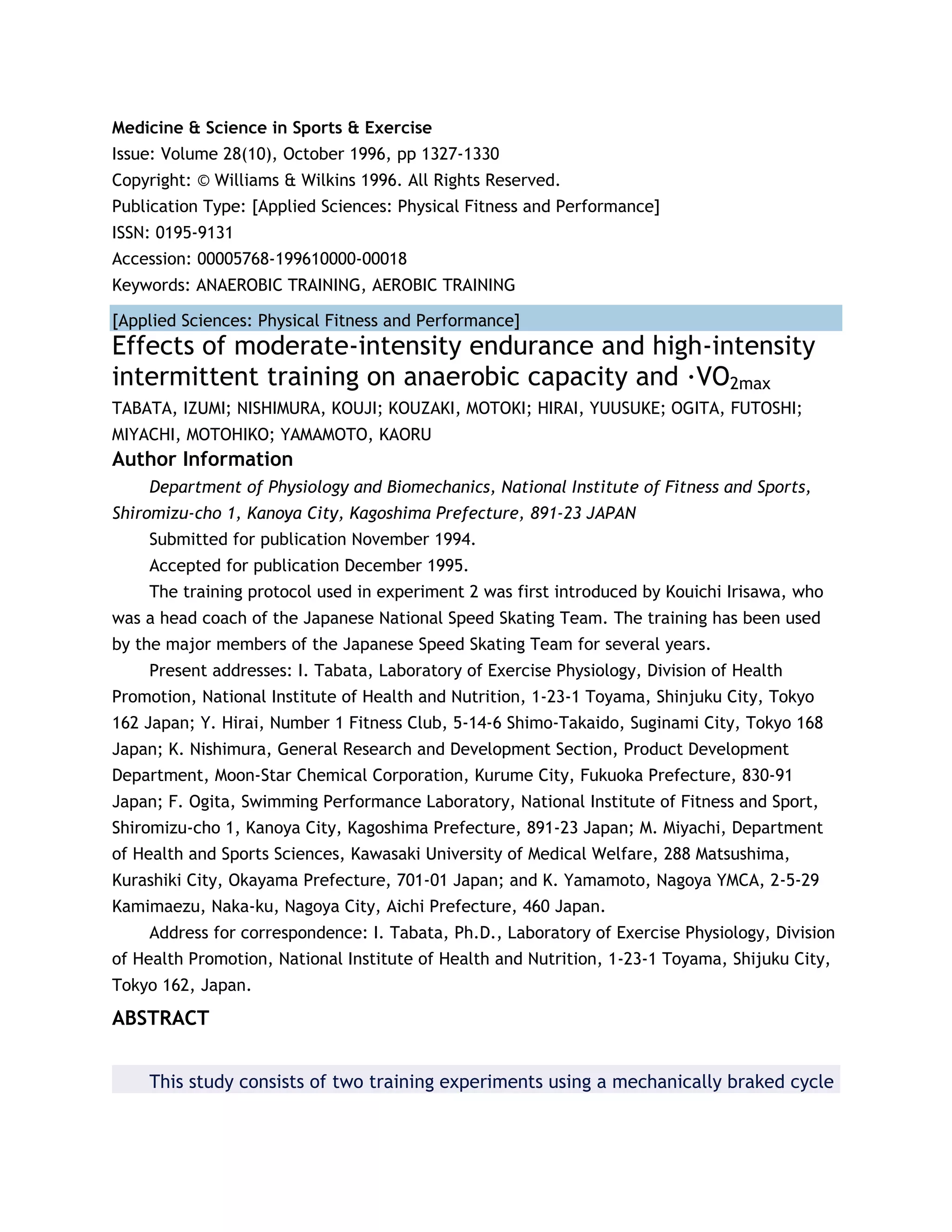 TABATA: Articulo original del cual se ha basado el metodo Tabata actual ...