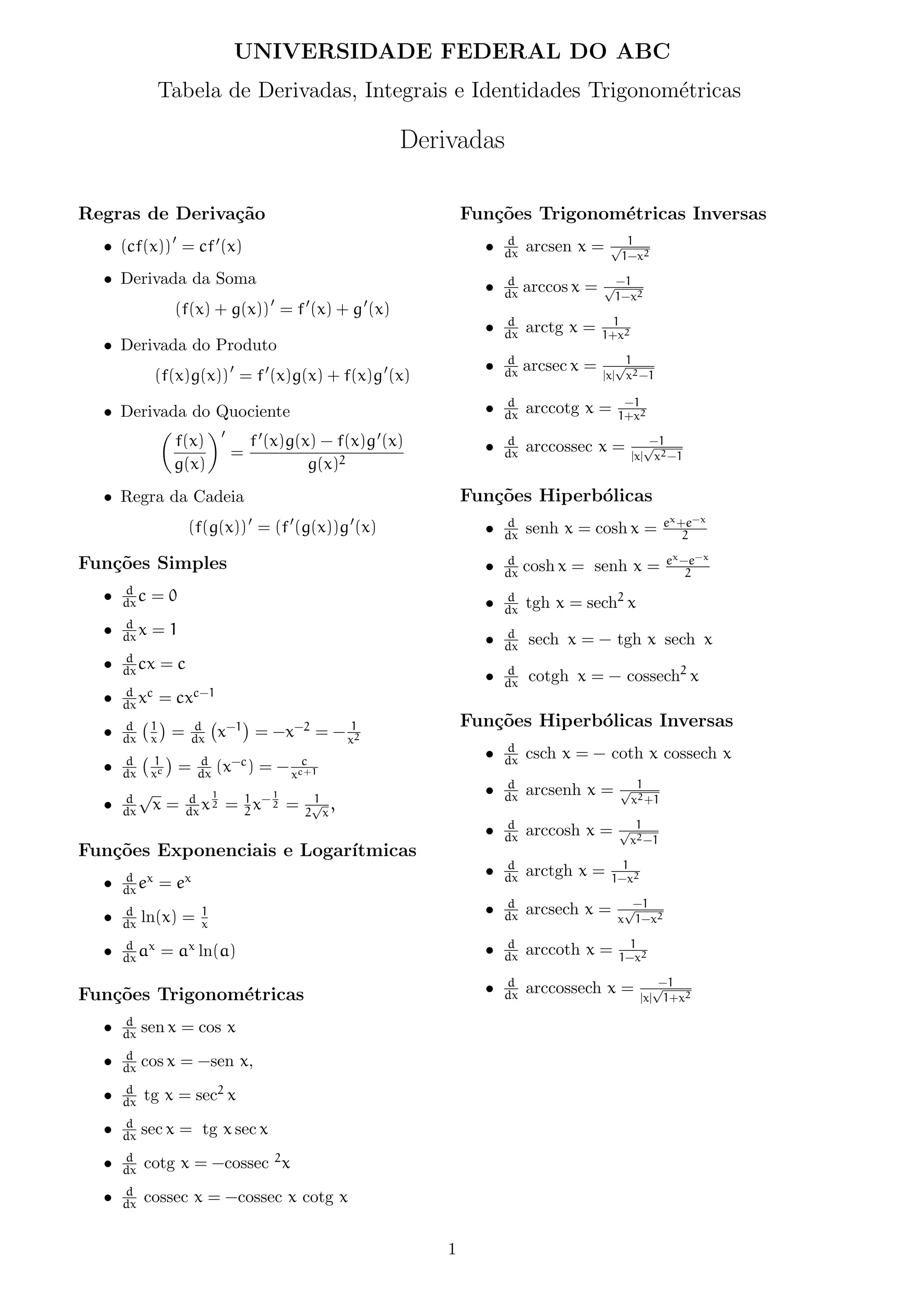 Tabela derivadas-e-integrais | PDF