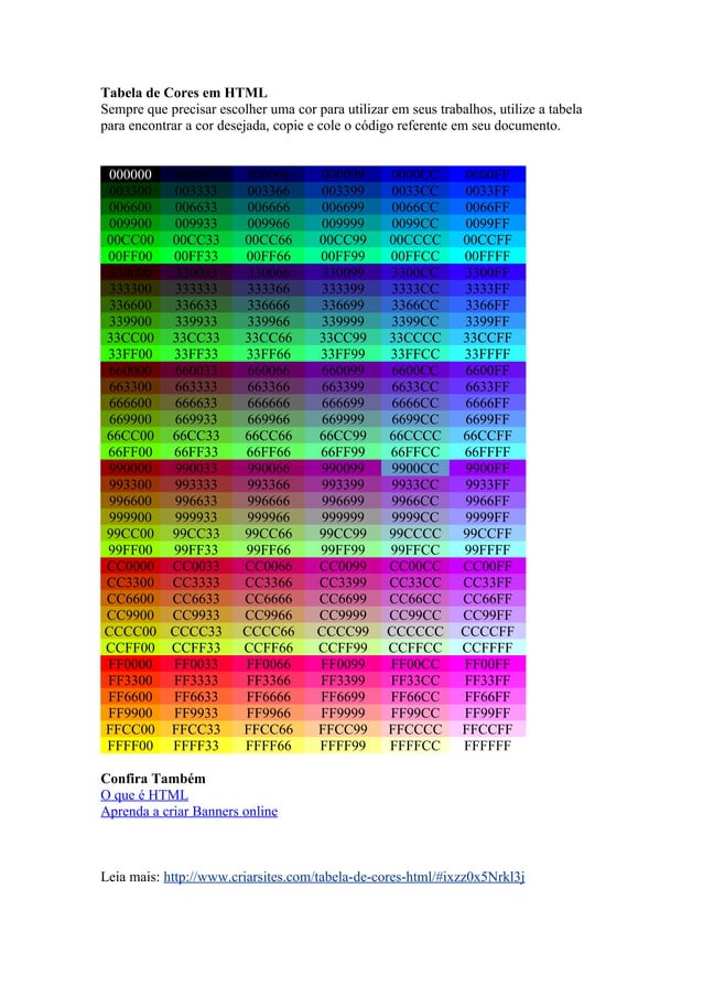 Tabela de cores em html | DOC