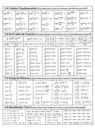 tabelas de integral, derivada e identidades trigonometricas, Resumos Cálculo