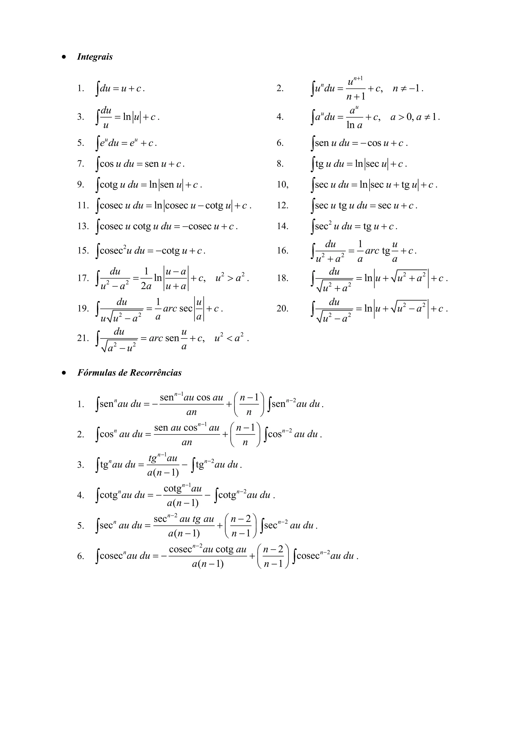 Tabela derivada integral_transformacoes trigonometricas | PDF