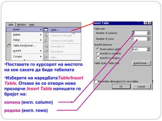 Vmetnuvanje i formatiranje na tabeli vo Word | PPT