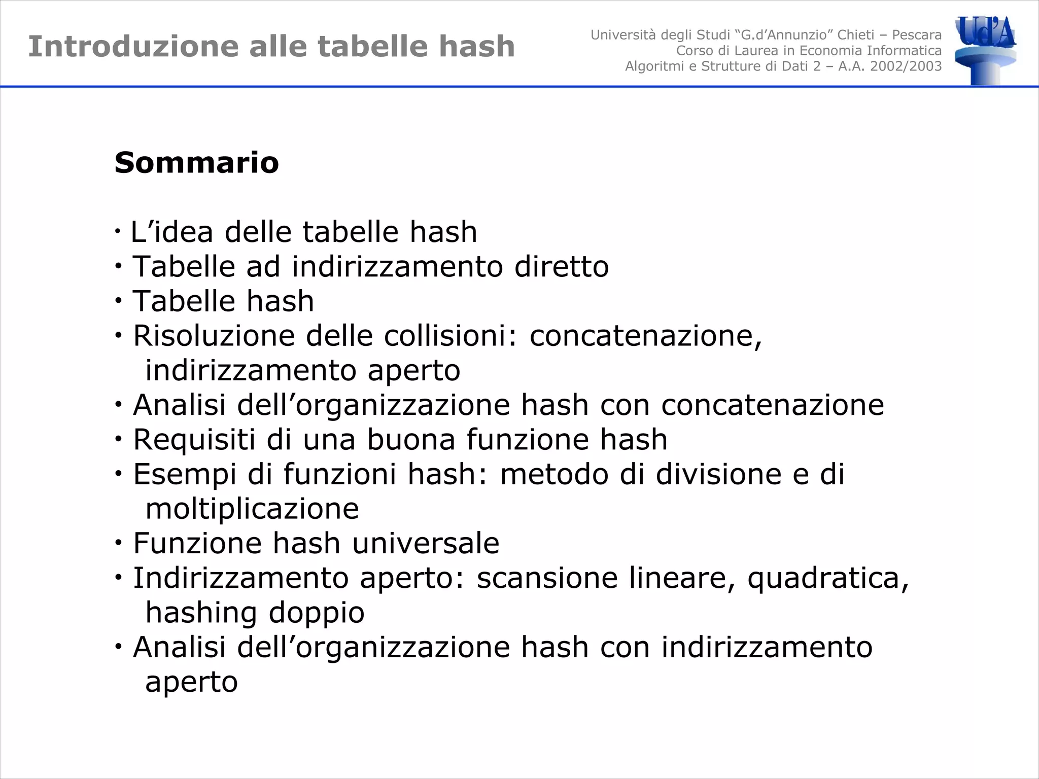 Introduzione alle tabelle hash | PDF