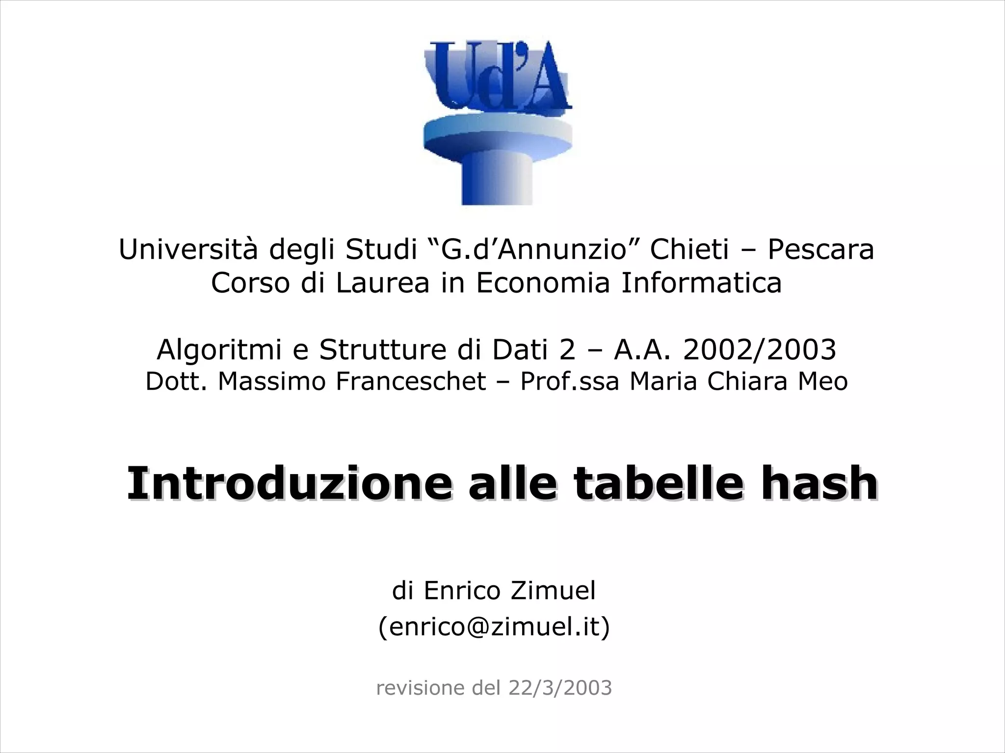Introduzione alle tabelle hash | PPT