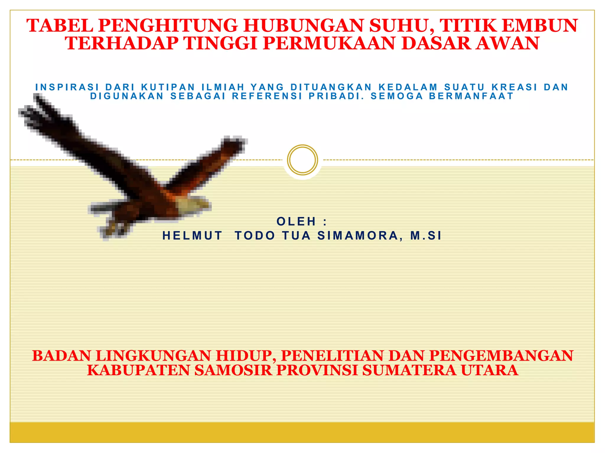 Tabel penghitung hubungan suhu, titik embun terhadap tinggi permukaan ...