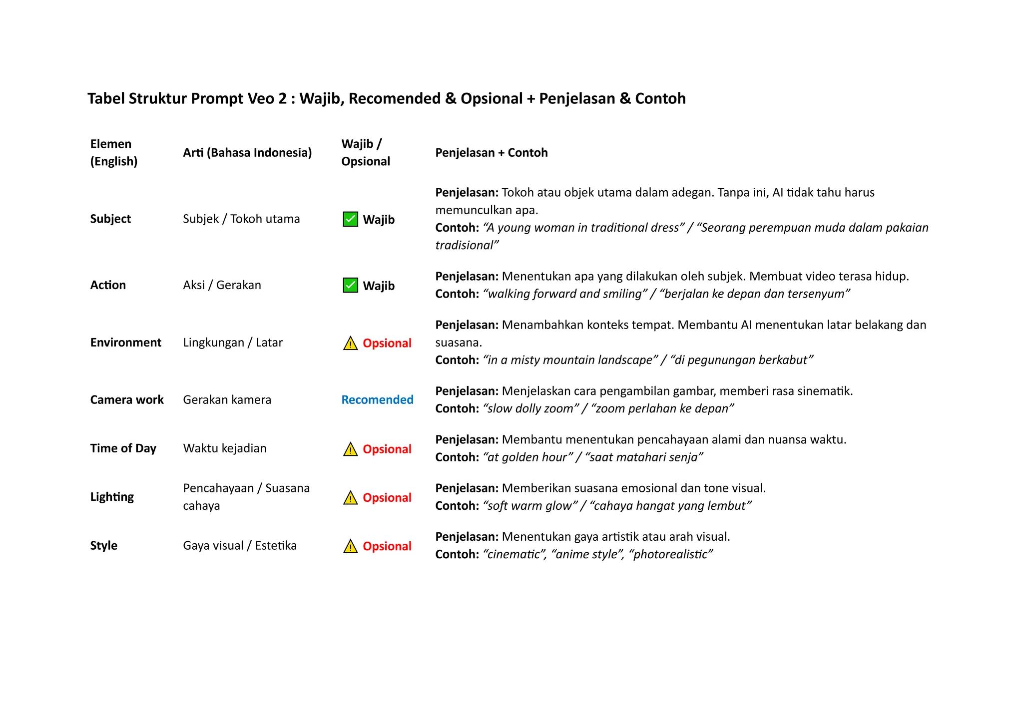 Tabel Struktur Prompt Veo 2 image ai for your image | PDF