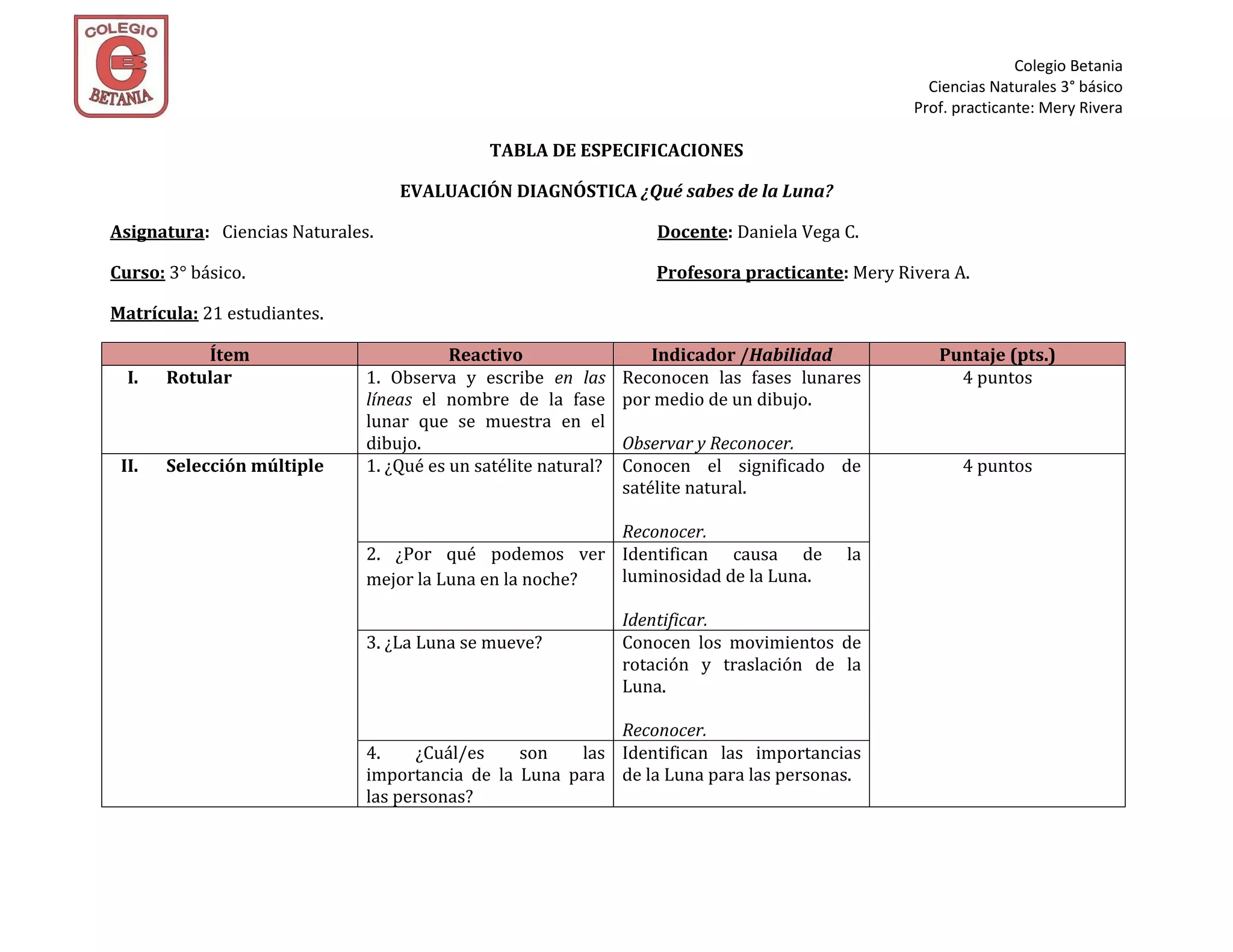Tabla de especificaciones evaluación diagnóstica Cs. Naturales | PDF