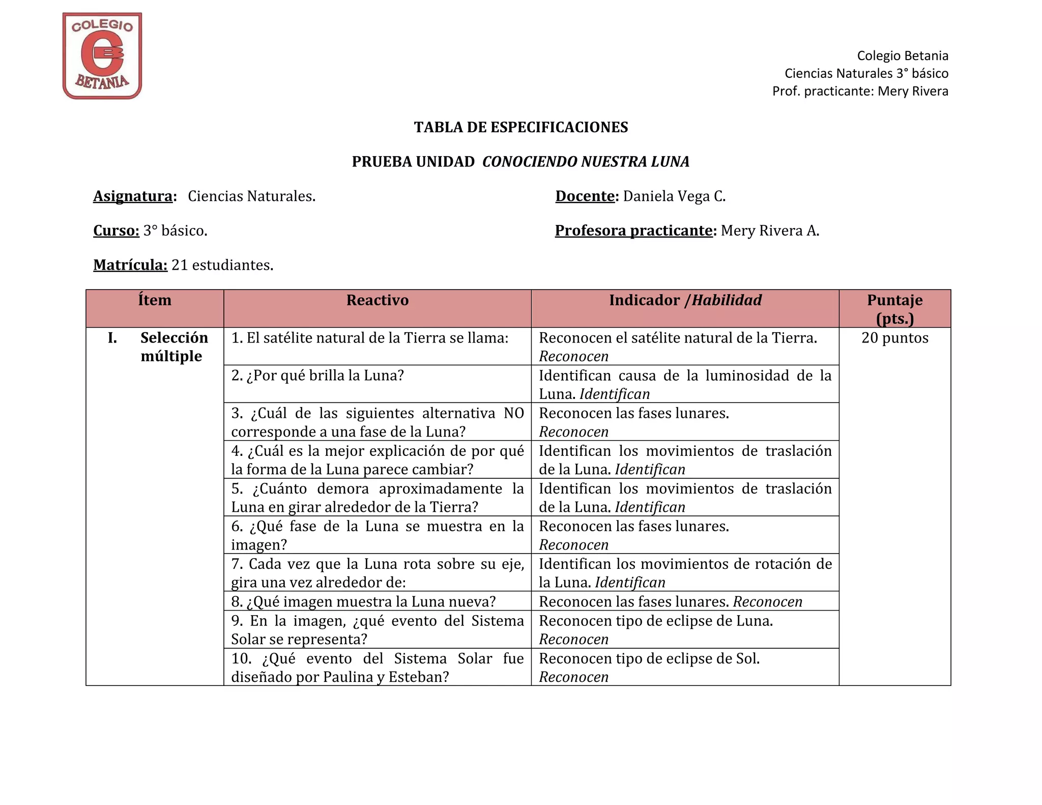 Tabla de especificaciones prueba ciencias naturales | PDF