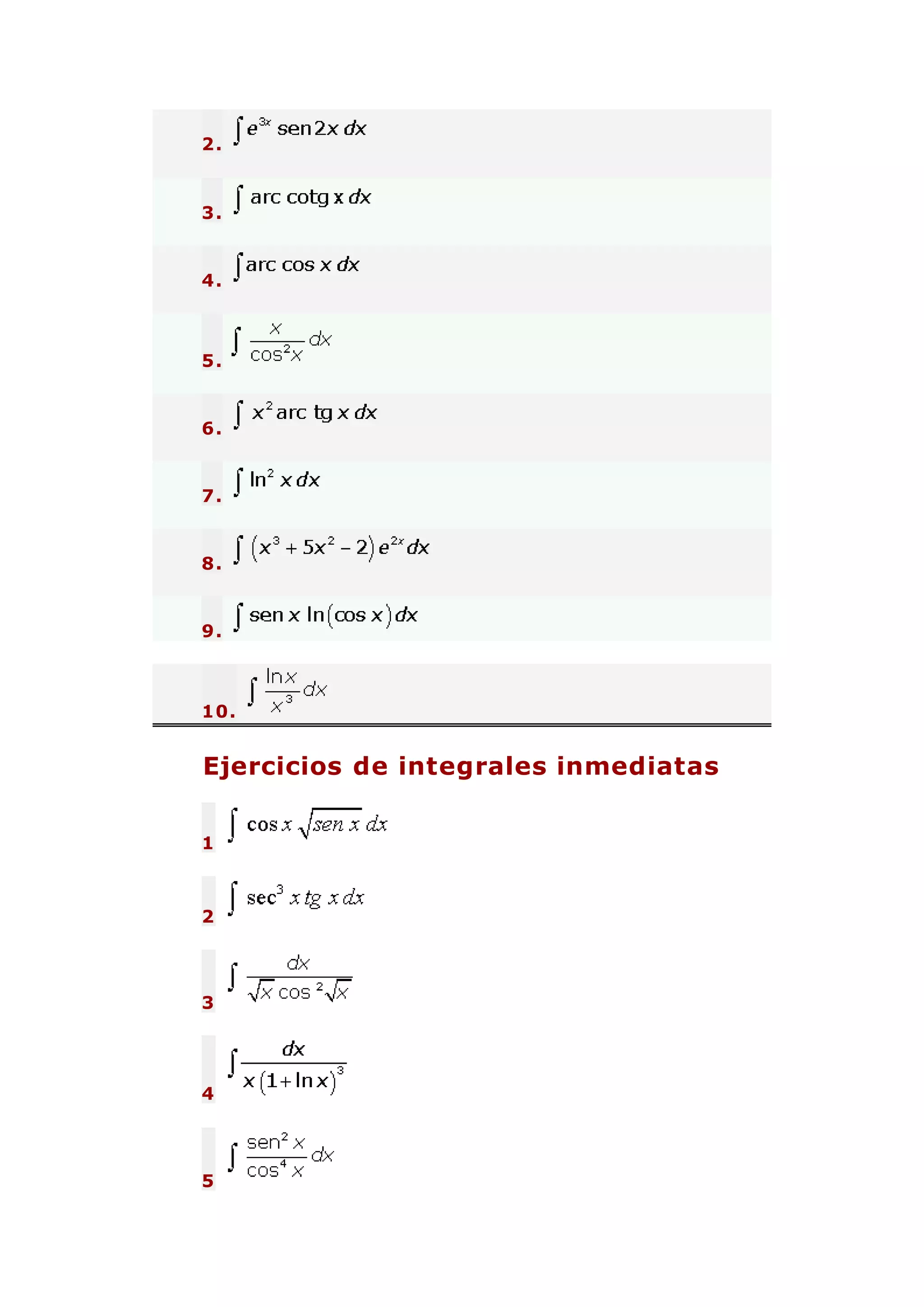 Tabla de integrales directas y ejercicios varios | DOCX