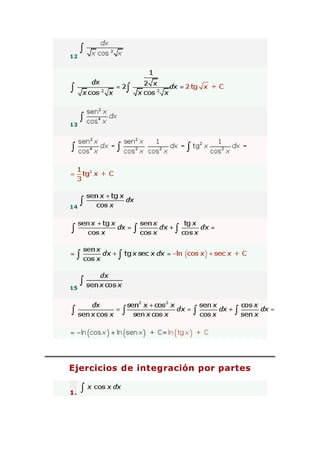 Tabla de integrales directas y ejercicios varios | DOCX