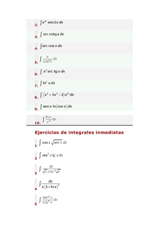 Tabla de integrales directas y ejercicios varios | DOCX