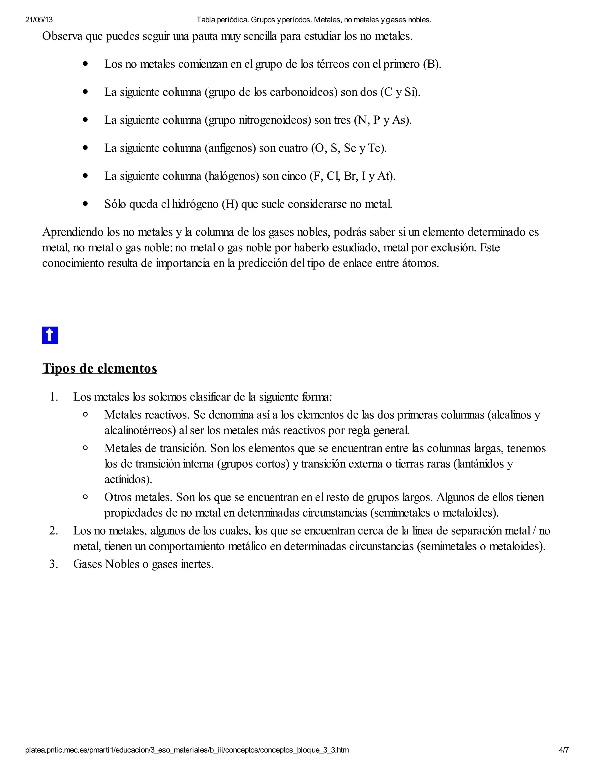 Tabla periódica. grupos y períodos. metales, no metales y gases nobles ...