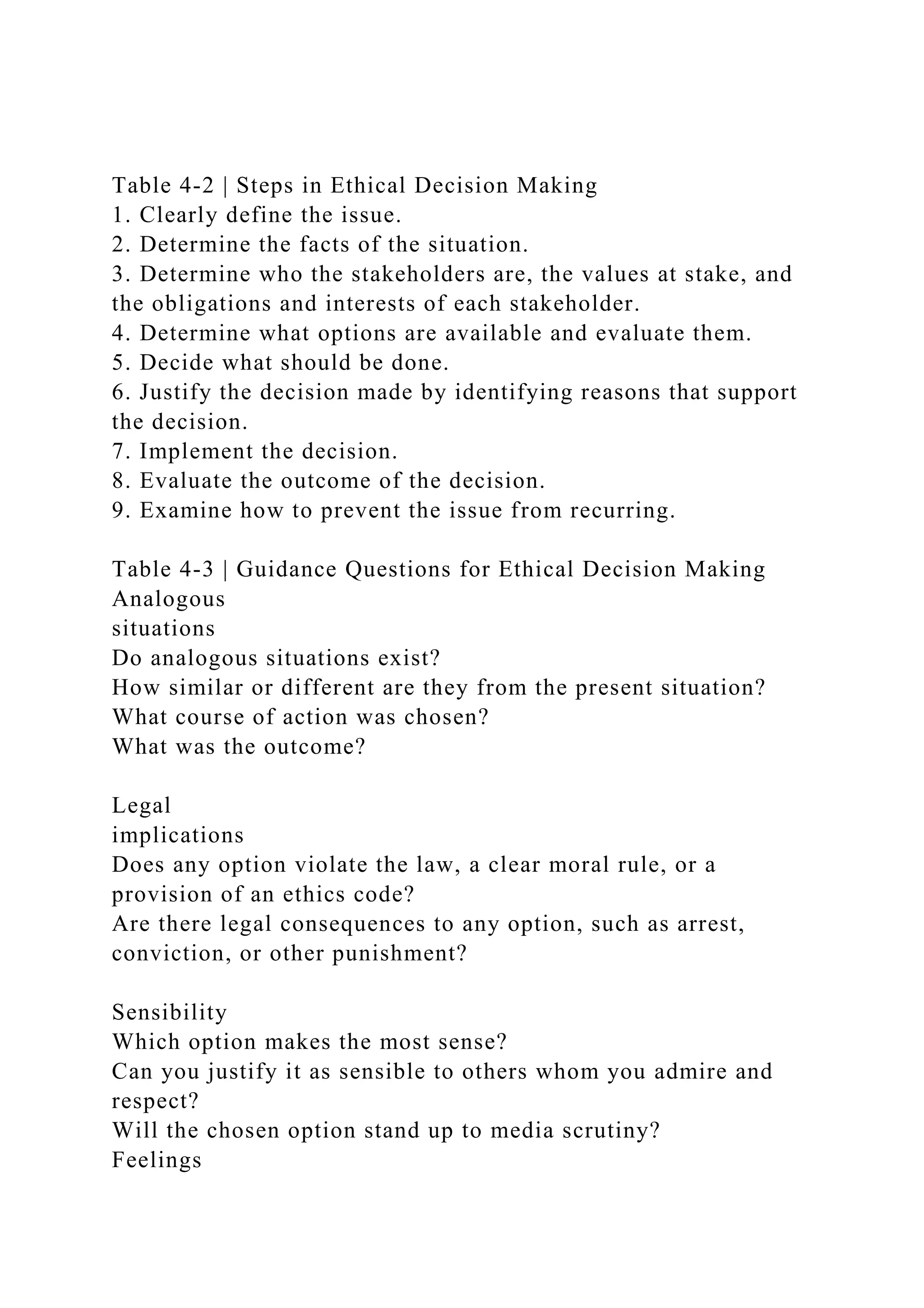 Table 4-2 Steps in Ethical Decision Making1. Clearly define th.docx