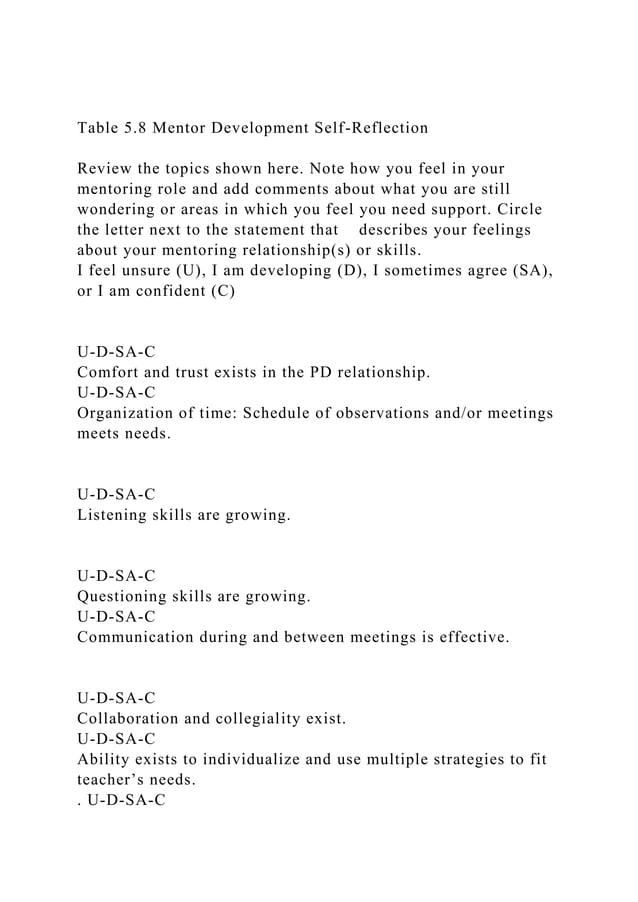 Table 5.8 Mentor Development Self-Reflection Review the topics.docx