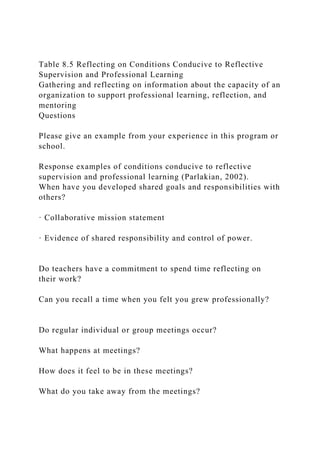 Table 8.5 Reflecting on Conditions Conducive to Reflective Supervi.docx