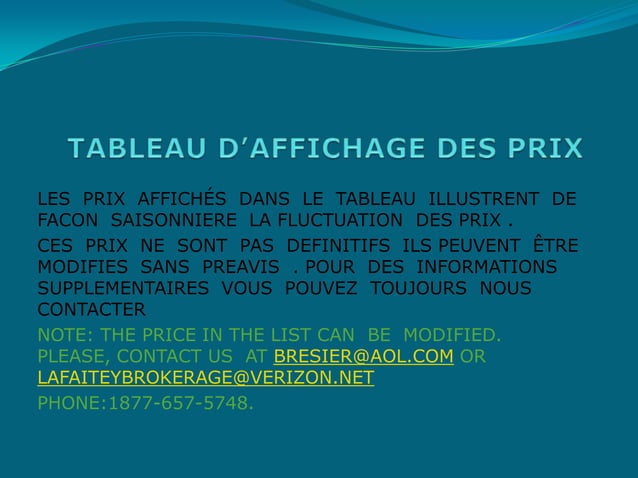 TABLEAU D’AFFICHAGE DES PRIX | PPT