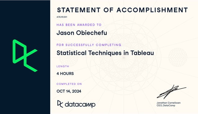 Tableau Datacamp Certificate- Statistical Techniques in Tableau | PDF