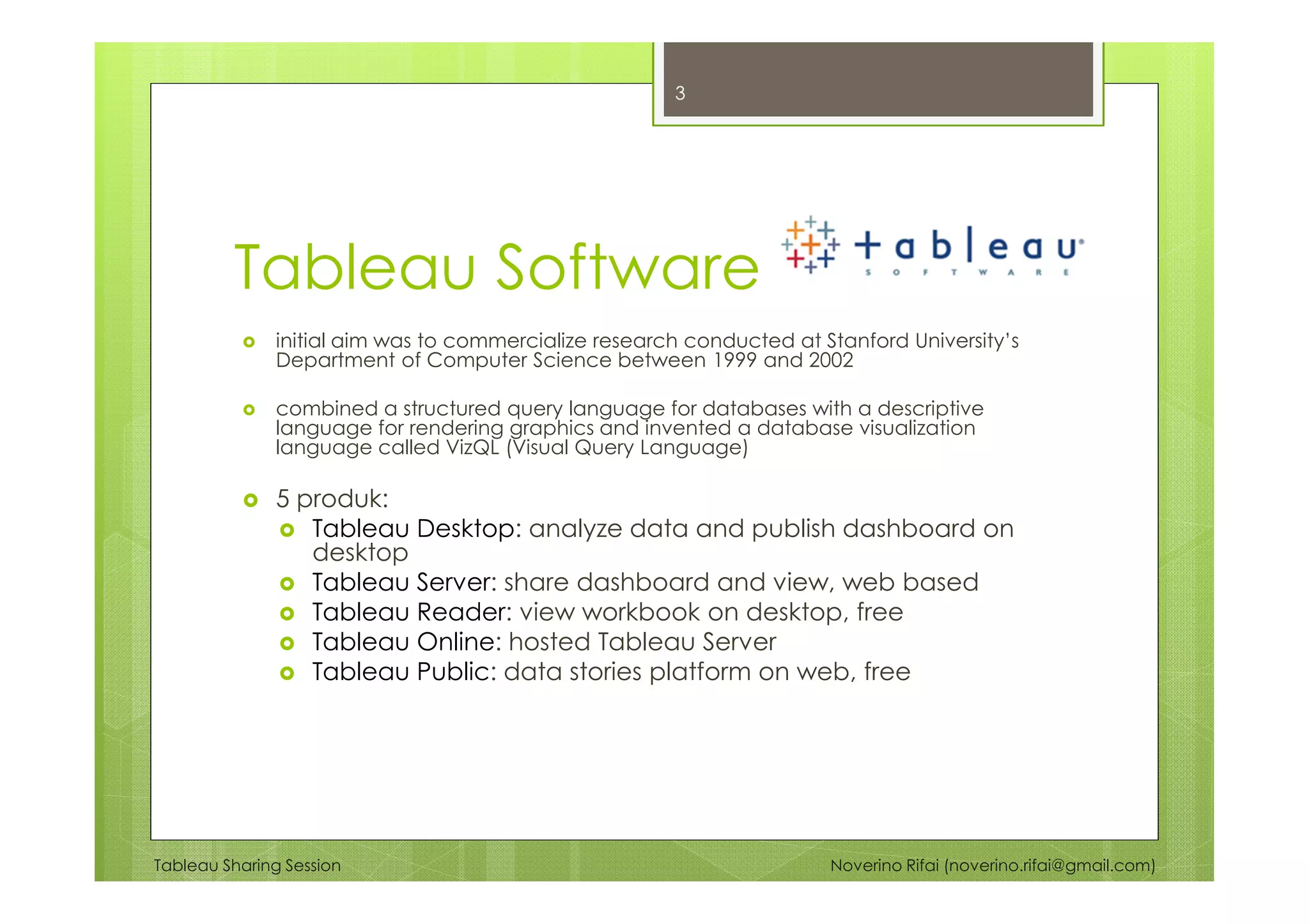 Tableau Sharing Session oleh Noverino Rifai | PDF | Databases | Computer Software and Applications