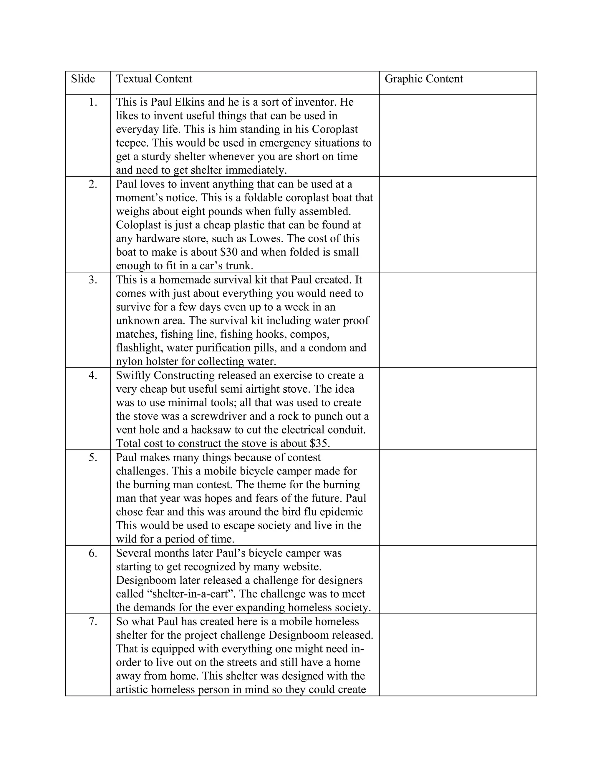 Table for storyboard | DOC