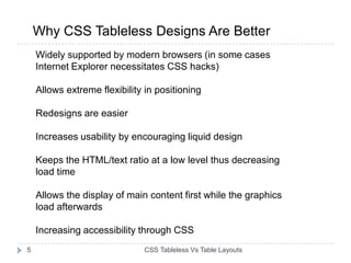 CSS Tableless Vs Table Layouts | PPT | Free Download