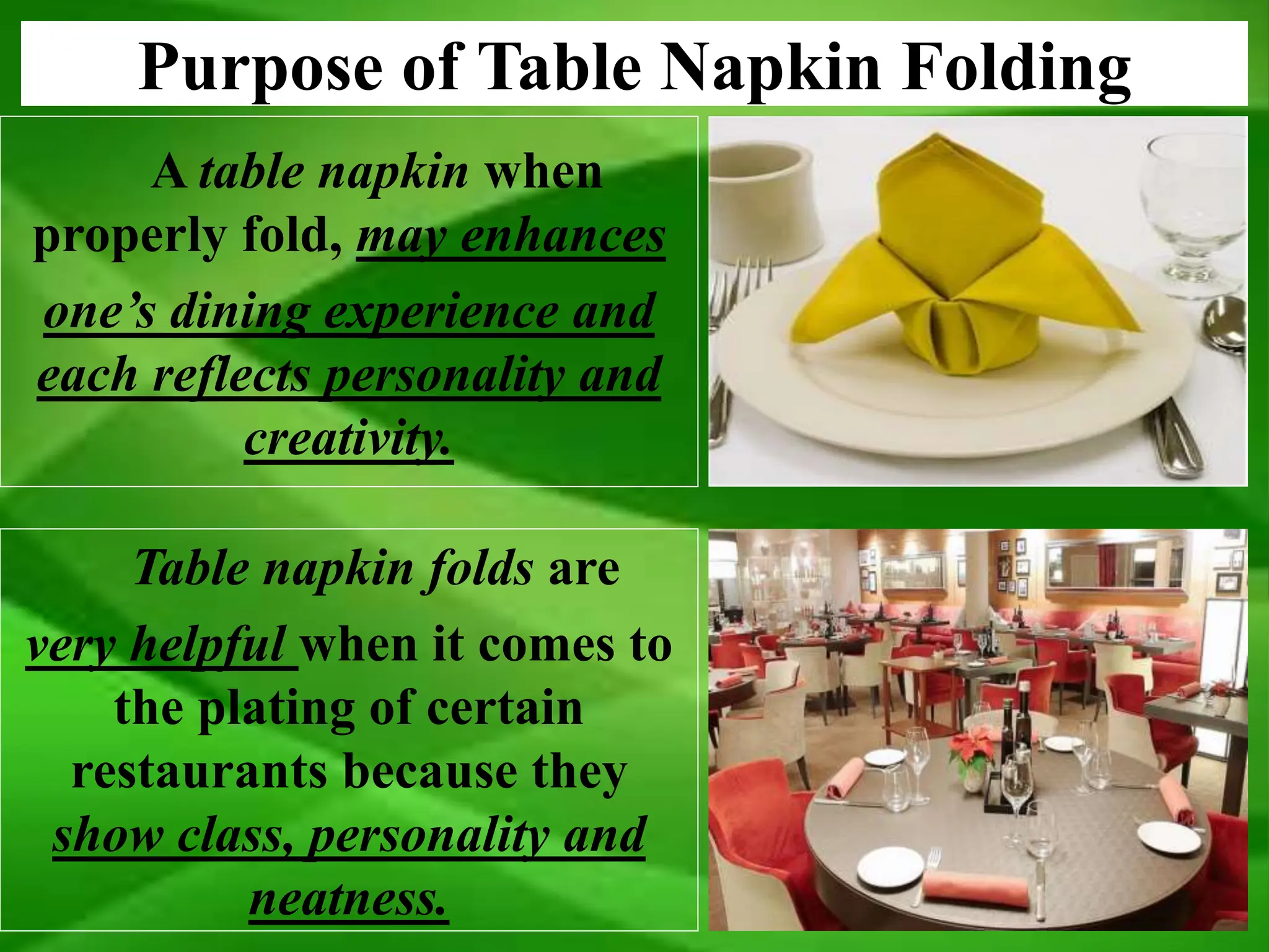 Table Napkin Folding food beverage service | PPTX