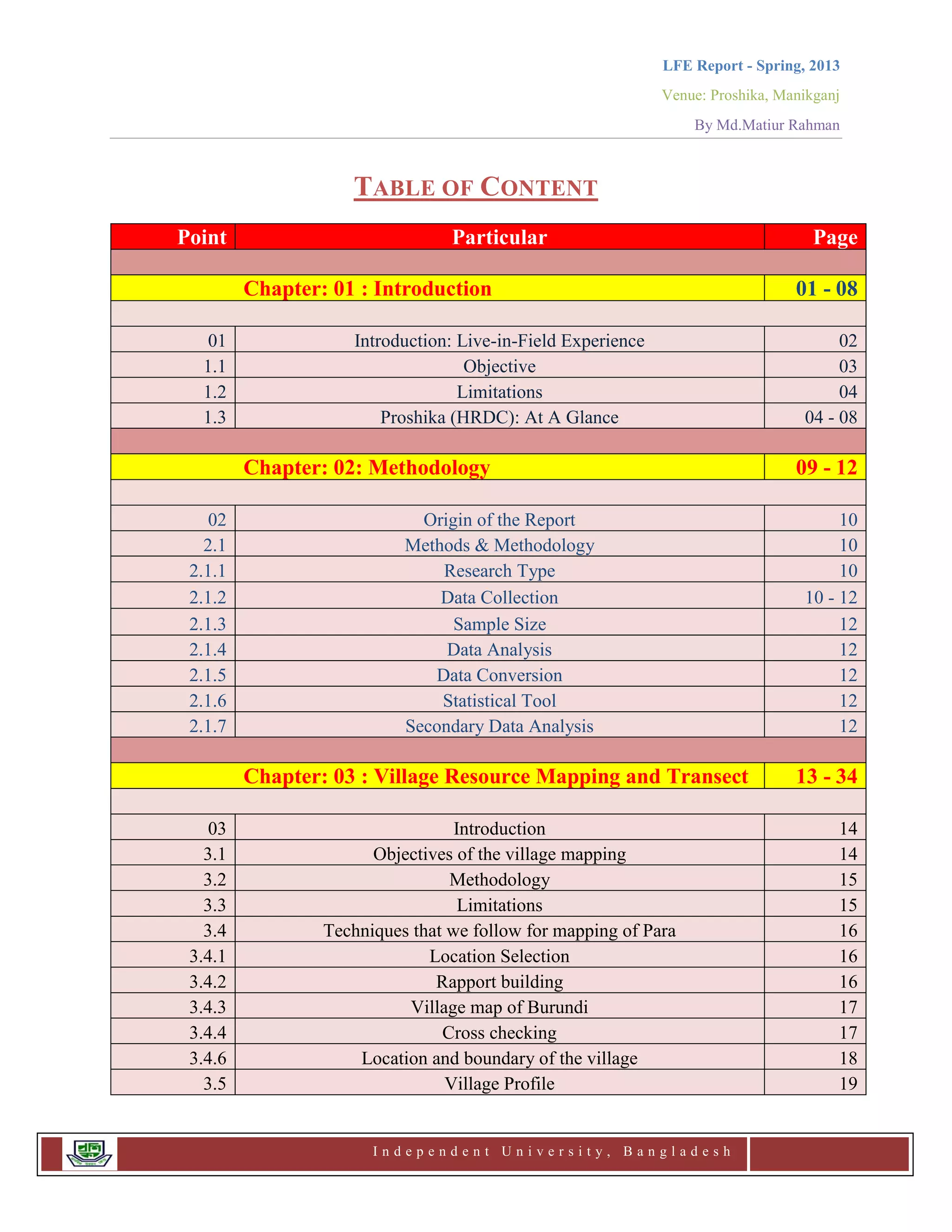 Live in field experience (LFE) Final report's Table of content | PDF
