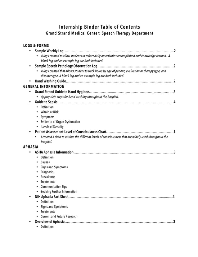 Intern Binder: Table of Contents | PDF