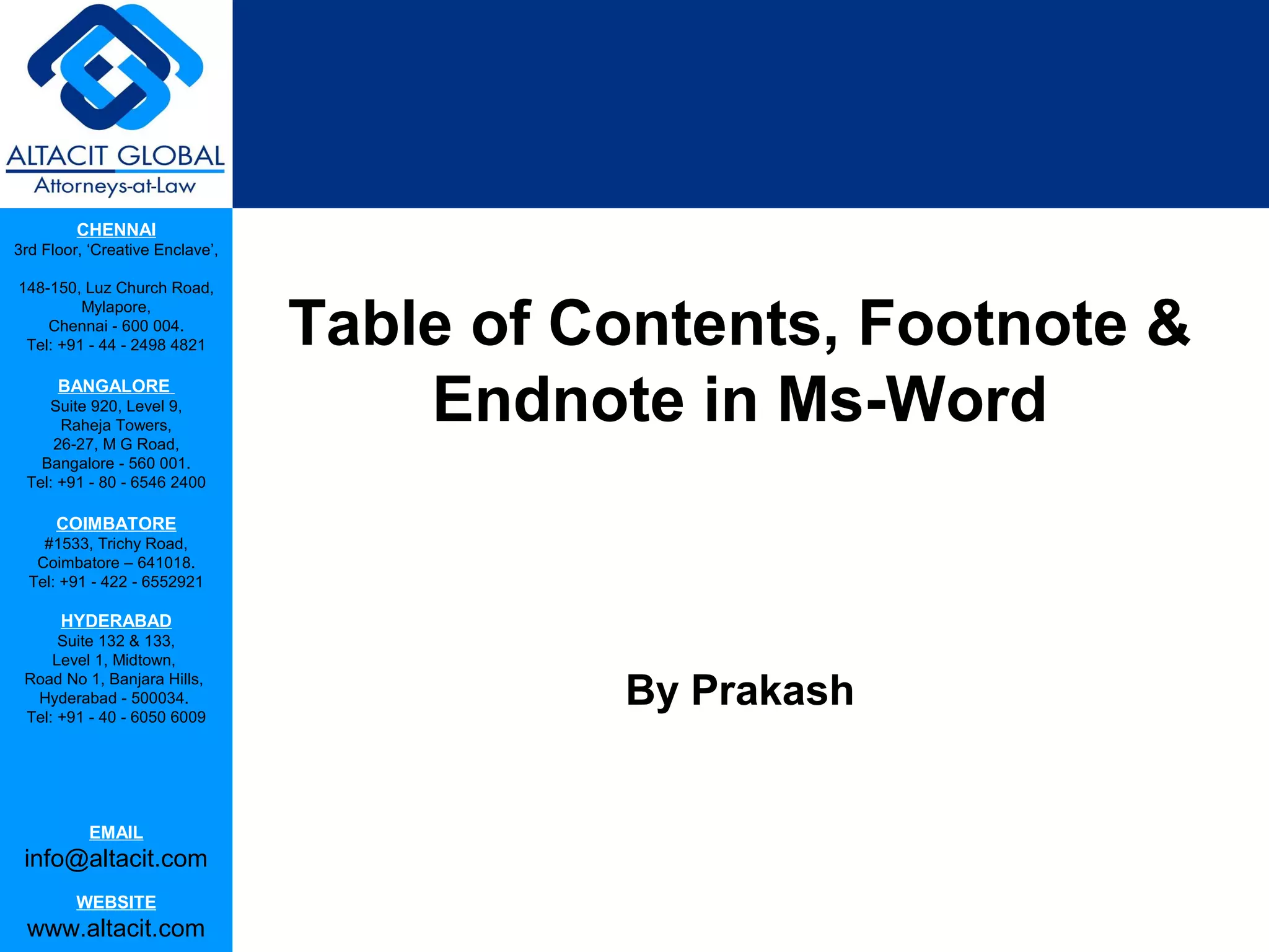 Table of contents, footnote & endnote in ms word | PPT